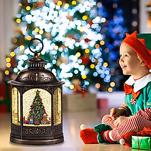 Ponsonbay Christmas Musical Snow Globe Lantern Lighted Snow Globe Lantern with 6H Timer USB Powered & Battery Operated Spinning Water & Swirling Glitter 8 Songs (L-Christmas Tree-Black)