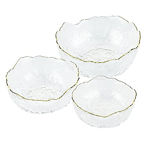 Navaris Glass Serving Bowls - Set of 3 Gold Edge Tempered Glass Dessert Bowl Dishes for Ice Cream, Jelly, Fruit, Hot, Cold Food- Small, Medium, Large