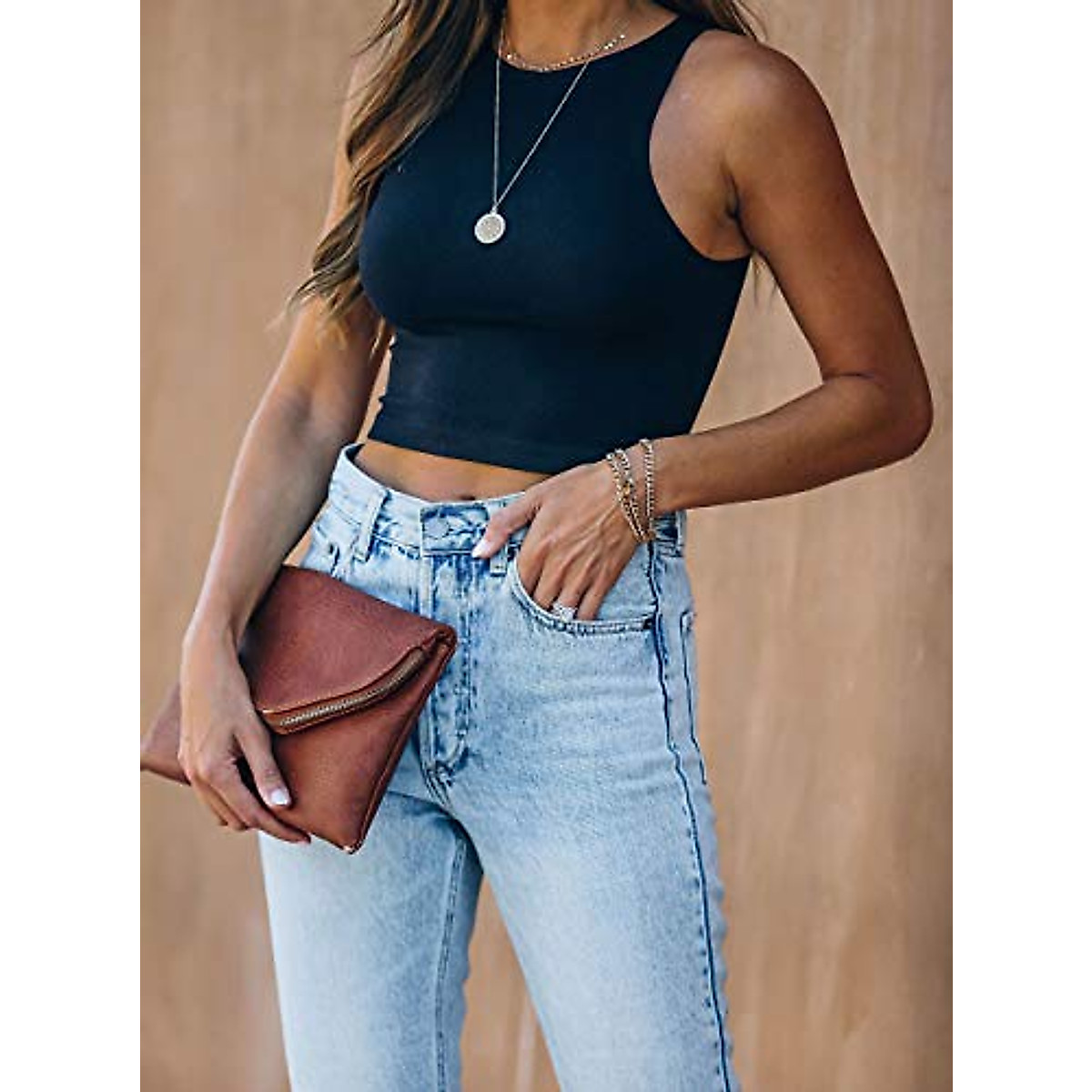 Women’s Sexy Sleeveless High Neck Racerback Cropped Tank Tops Cute Teen Girls Halter Neck Crop Tops Vest Black Small