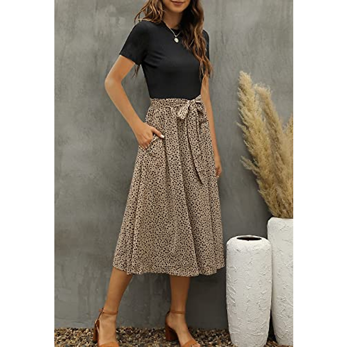 Zattcas Ribbed Midi Dress for Women Work Teacher Dress with Sleeve Black S