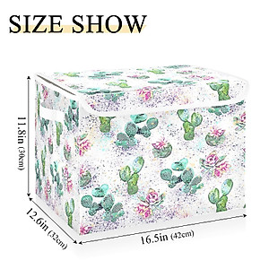 BOESI Cactus with Flowers Foldable Storage Baskets Fabric Boxes with Handle Organizers with Flip-Top Lids Storage Bins for Home Bedroom Office