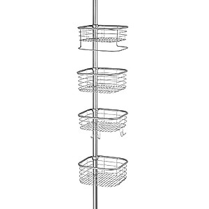 mDesign Metal Bathroom Shower Storage Constant Tension Pole Caddy - Adjustable Height - 4 Positionable Baskets - for Organizing and Containing Hand Soap, Body Wash, Wash Cloths, Razors - Chrome