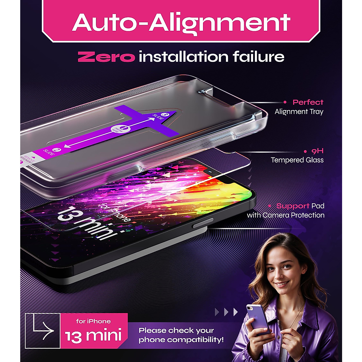 Defenslim Screen Protector compatible with iPhone 13 mini (2Pack), Easy Auto-Align Install Kit, 5.4" Tempered Glass, 9H Hardness, Ultra HD Clear, Case Friendly, EasyShield