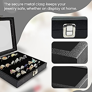 Novel Box Ring Display Glass Case Black 8.25x7.25x2 Inches with 36-Slot Black Ring Foam Insert - Travel Ring Case with Metal Clasp - Jewelry Box to Keep Rings Dust Free & Secure