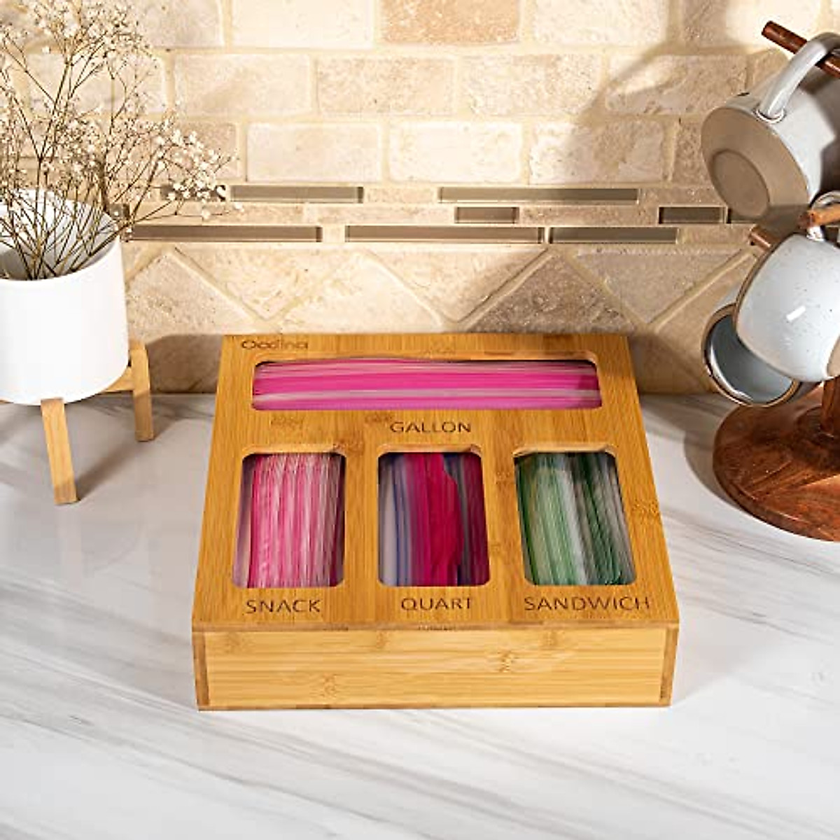 Ziplock Bag Organizer - Plastic Storage Bag Organizer for Kitchen Drawer - Bamboo Quart Baggie Organizer Dispenser for Gallon, Sandwich, Cookies, Snack Bags - Handmade Wooden Plastic Bag Holder-OCDINA