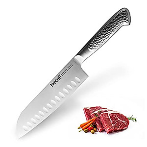 hecef 7 inch Santoku knife High Carbon Stainless Steel Japanese Chef Knife with Hammered Hollow Handle, Ultra Sharp Asian Chopping Kitchen Knife for Meat & Fish & Vegetable & Fruit