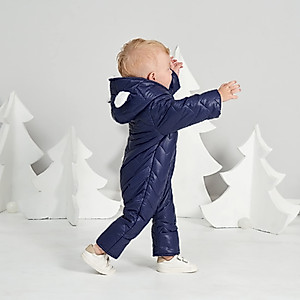 Bafeicao Baby Boy Girl Winter Hooded Snowsuit Romper Zipper Padding Bodysuit Infant Puffer Jacket with Gloves 9-12 Months, Navy Blue