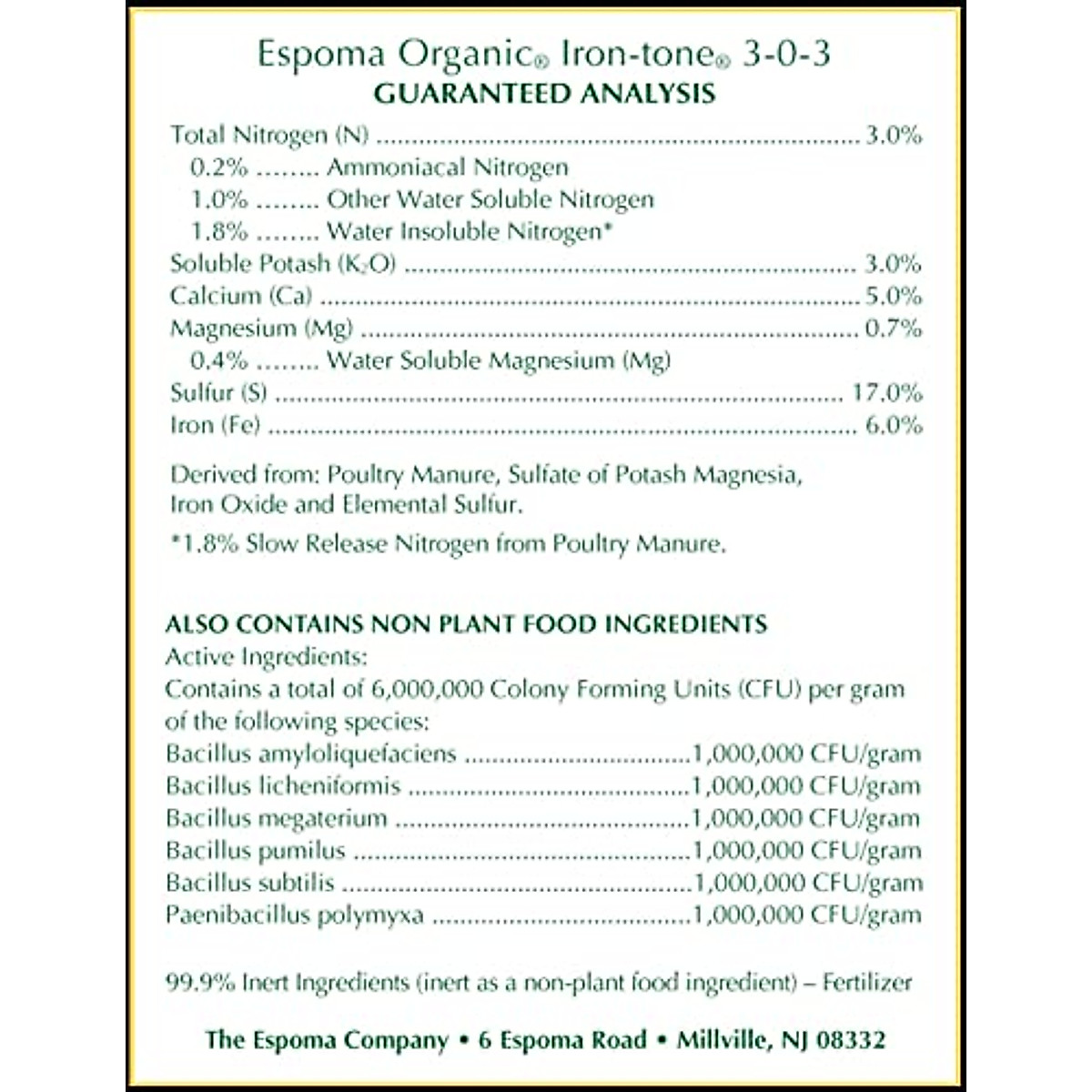 Espoma Organic Iron-Tone 3-0-3 Organic Fertilizer and Plant Food to Help Correct Iron Deficiency (Chlorosis). 5 lb. Bag. Turns Yellow to Green, Non Staining Iron - 3 Pack
