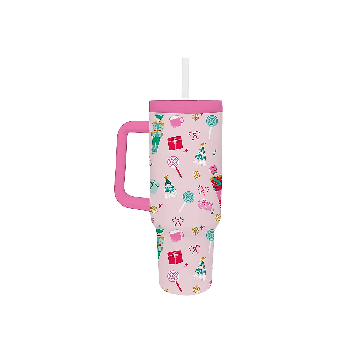 Mary Square 46967 Oh What Fun Nutcracker Presents Candy Cane Pink 30 ounce Stainless Steel Travel Coffee Water Tumbler with Straw and Handle