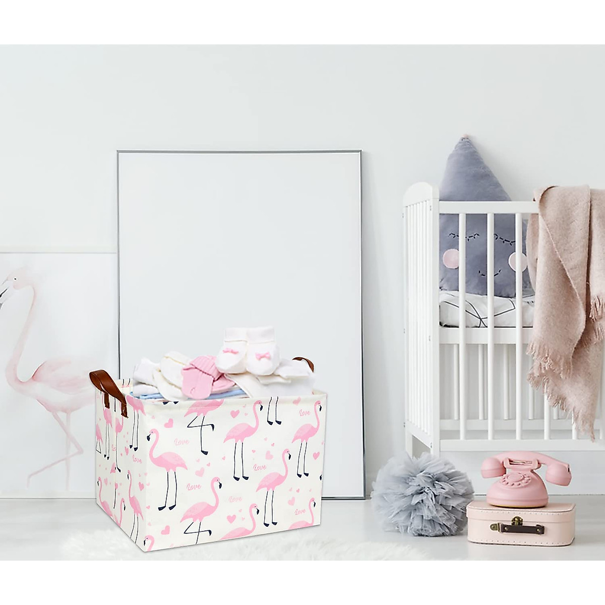 DDBASKET Flamingo Pink Basket Nursery Girl Baby Storage Basket Rectangular Cute Pattern Kids Toy Storage Bin Organizer Book Shelf Basket Baby Girls Flamingo Room Decor(Love Flamingo)