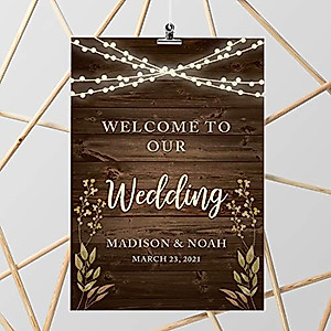 Andaz Press Personalized Extra Large Wedding Easel Board Party Sign, 12x18-inch, Rustic Wood with Hanging Ball Lights and Florals, Welcome to Our Wedding Bride Groom Name Date, 1-Pack, Custom
