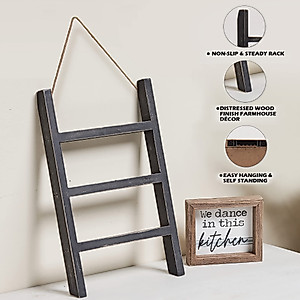 GenMous 3 Tiered Tea Towel Ladder with Cute Kitchen Sign for Farmhouse Kitchen Counter Decor, Rustic Torched Wood Hand Towel Stand, Hanging Bathroom Decorative Mini Ladder Kitchen Towel Rack Black