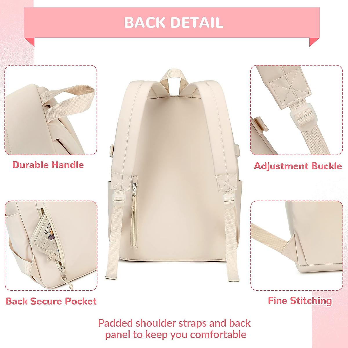 El-fmly Fashion Travel Backpack with Cute Ribbon for Teen Girl Boy School Bookbag with USB Charging Port & Headphone Jack (Black)