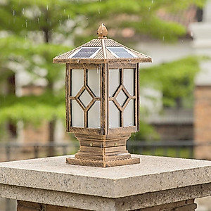 MODEBHD Aluminum Metal Vintage Outdoor Solar Post Light IP54 Waterproof Garden Lawn Lamp Two-Tone LED Column Light Exterior Wall Post Pillar Lights Patio Garden Villa Door Pillar Table Lights