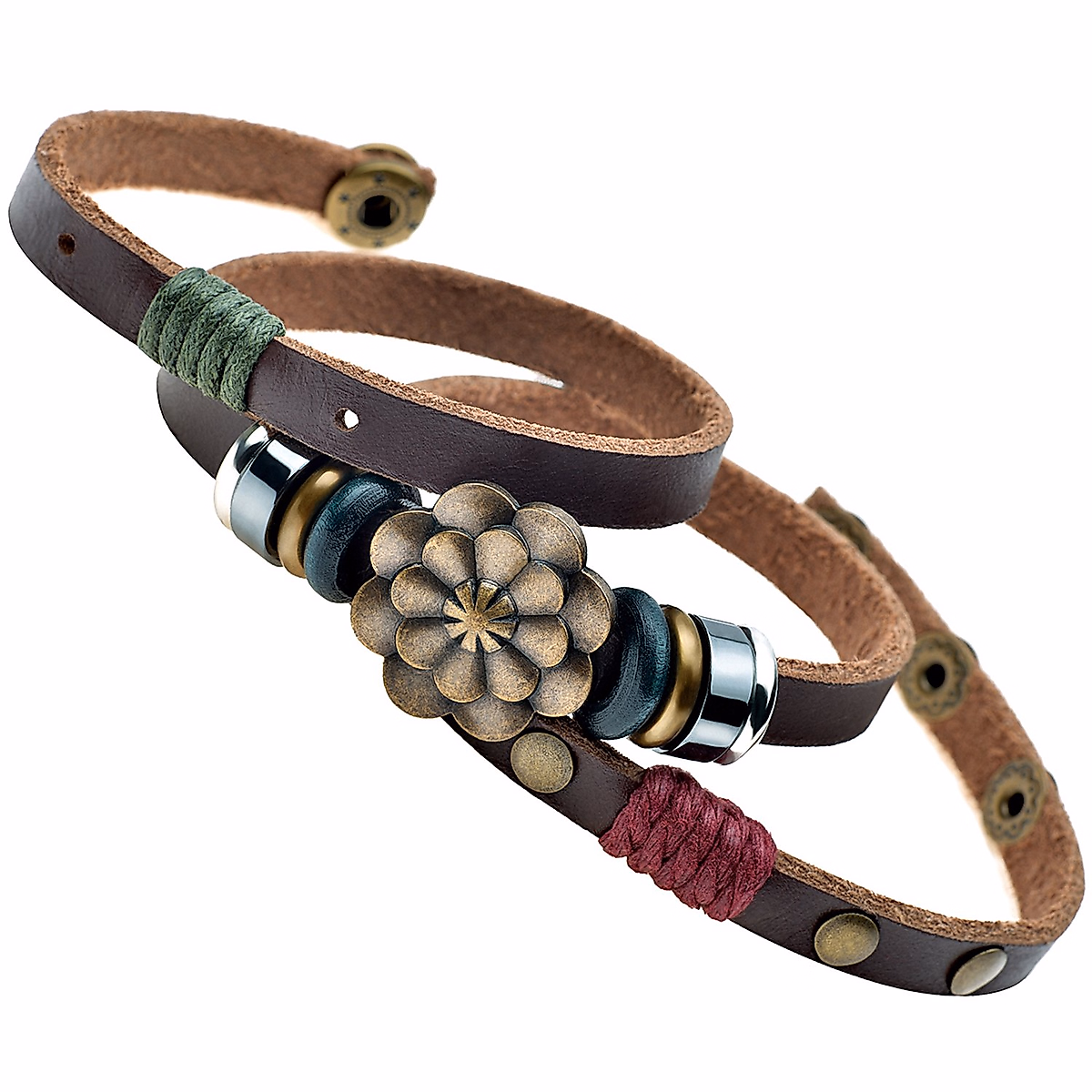 CELOKIY Women's Boho Brown Leather Wrap Bracelet with Brass/Bronze Lotus Flower Stack Trendy Jewelry