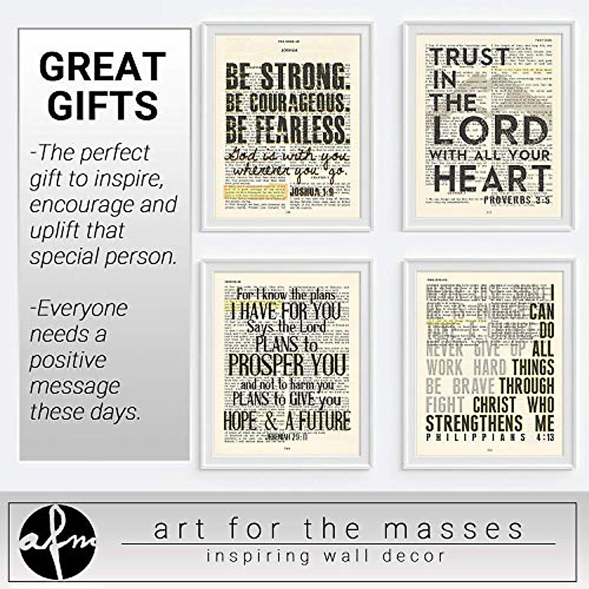 Joshua 1:9, Proverbs 3:5, Jeremiah 29:11, Philippians 4:13 Christian Art Prints, Set of 4, Unframed, Bible Verse Scripture Wall Decor Poster, 8x10 Inches