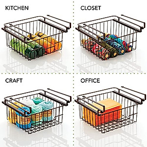 mDesign Compact Hanging Pullout Drawer Basket - Sliding Under Shelf Storage Organizer - Metal Wire - Attaches to Shelving - Easy Install - for Kitchen, Pantry, Cabinet - Bronze