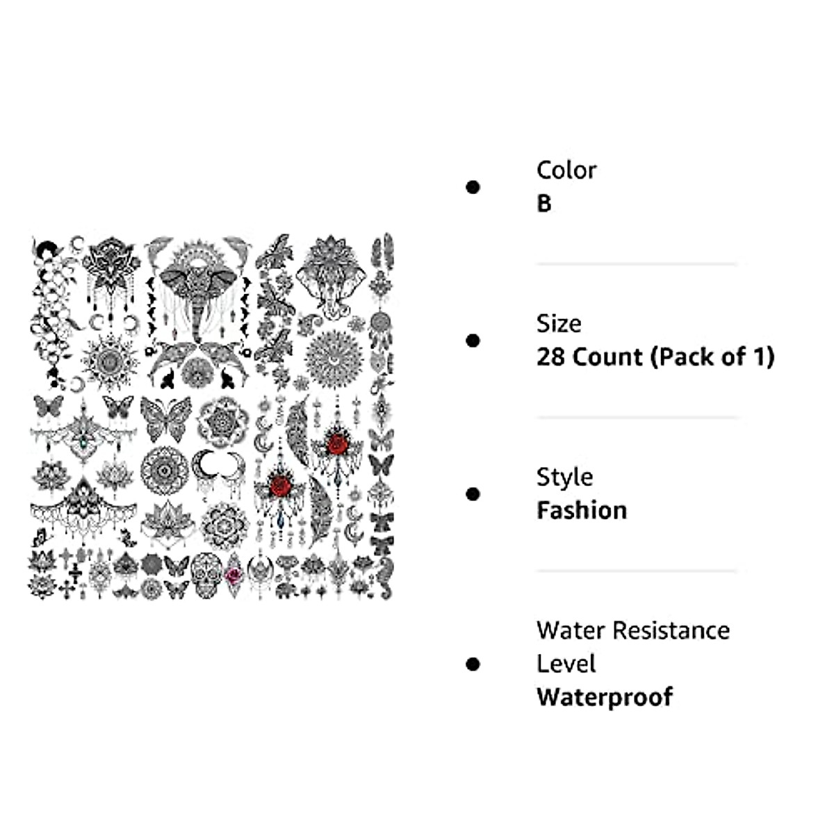 EGMBGM 28 Sheets Tribal Black Temporary Tattoos For Women Girls, Waterproof Fake Tattoos Temporary Elephant Ganesha Lace Tattoo Kits, Lotus Mandala Flower Tatoo Sticker Moon Neck Chest Arm Butterfly