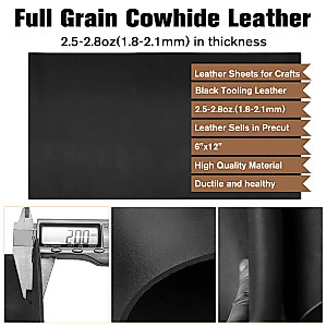 Black Leather Sheets for Crafts Tooling Leather Square 1.8-2.1mm Thick Full Grain Leather Pieces Genuine Cowhide Leather for Crafts Sewing Hobby Workshop 6"x12"