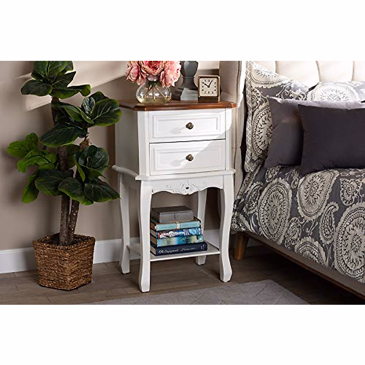 Baxton Studio Darla Classic and Traditional French White and Cherry Brown Finished Wood 2-Drawer Nightstand