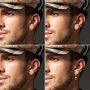 Aroncent 15 Pairs Mens Earrings Cross Earrings for Men Hoop Earrings Dangle Cross Earrings Fake Earrings CZ Stud Earrings for Men Women Stainless Steel Earrings Set