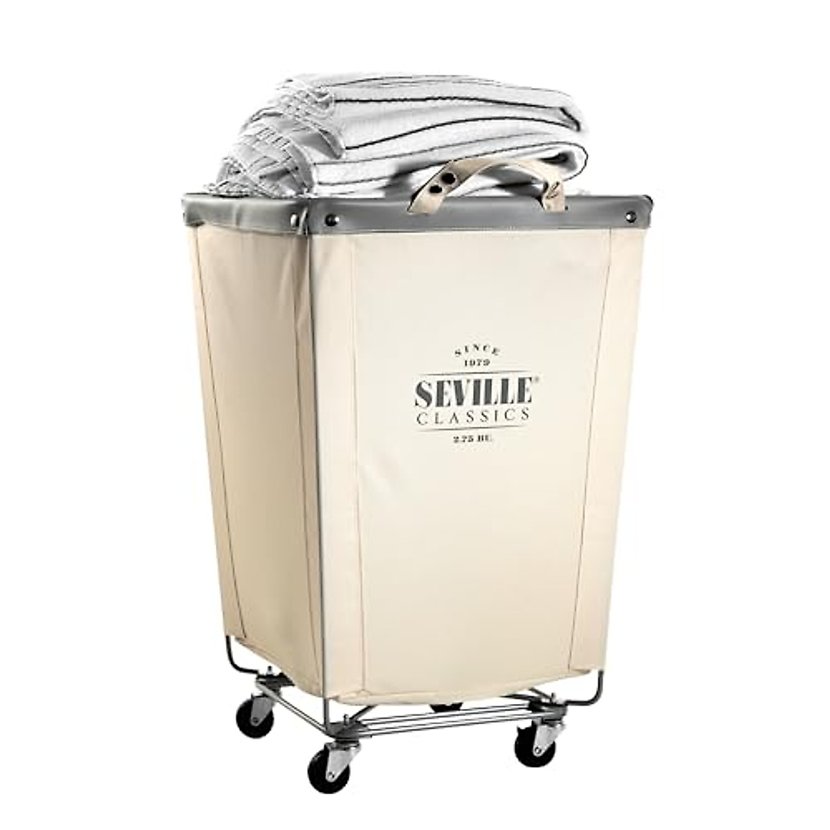 Seville Classics Large Commercial Heavy Duty Rolling Steel Frame Laundry Hamper Canvas Cart Bin, w/ Wheels for Hotel, Home, Closet, Bedroom (PATENTED), Cream, 18.1" D x 18.1" W