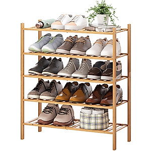 BMOSU 5-Tier Bamboo Shoe Rack Premium Stackable Shoe Shelf Storage Organizer for Hallway Closet Living Room Entryway Organizer (Natural Bamboo)