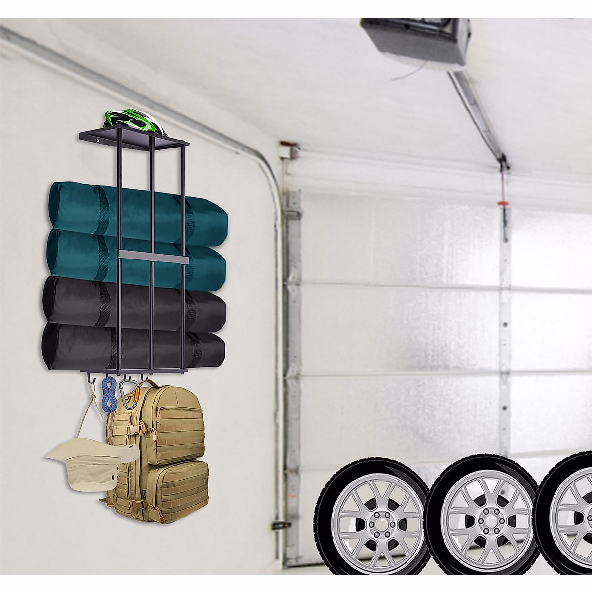 Gtouse Camping Chair Storage, Camping Chair Organizer for Garage Storage, Metal Camping Chair Wall Storage Holder, Floating Shelf with 4 Hooks for Garage Organization