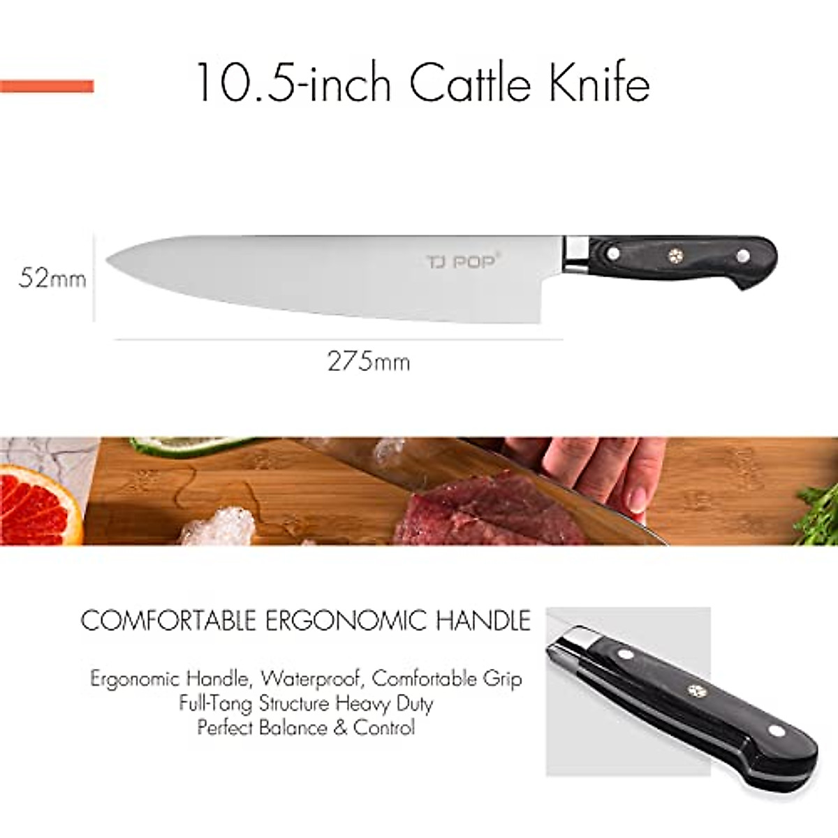 TJ POP Gyuto Chef Knife 10.6 inch, Professional Japanese Sushi Knife, Full-tang Designed, Premium High Carbon Steel Blade 270mm