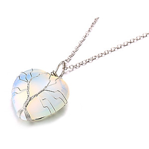 Halukakah Moonstone Necklace - LUNARLOVE - Handmade Platinum Plated Winding Tree of Life Wire, Natural Crystal Heart Shape Pendants and 20" Chain…