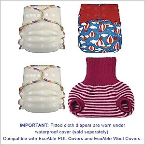 Overnight Hemp Fitted Cloth Diaper: Adjustable One-Size with Snap Buttons and 2 Cotton Hemp Inserts, Unisex Baby (2-Pack)