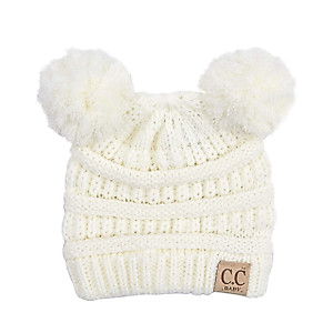 Funky Junque Exclusives Double Pom Baby Infant Beanie Knit Warm Winter Double Pom Pom Skull Cap Hat Ivory - Double Pom
