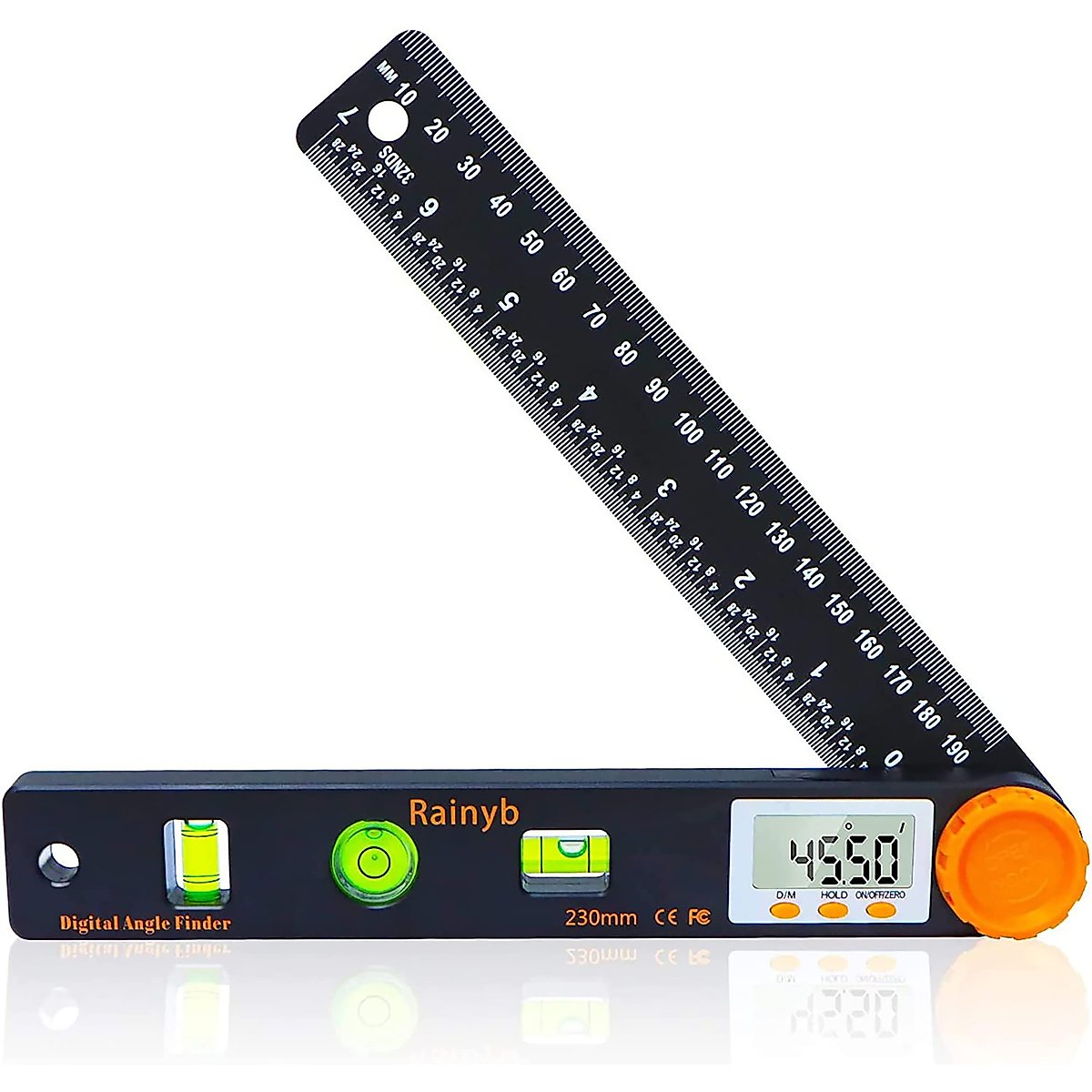 Rainyb Digital Angle Finder Tool 7inch 0-360 degree LED Digital Protractor with Horizontal Vertical Bubble Levels and Ruler Meter Accurate Tools for Carpenters,Woodworkers,Fabricators