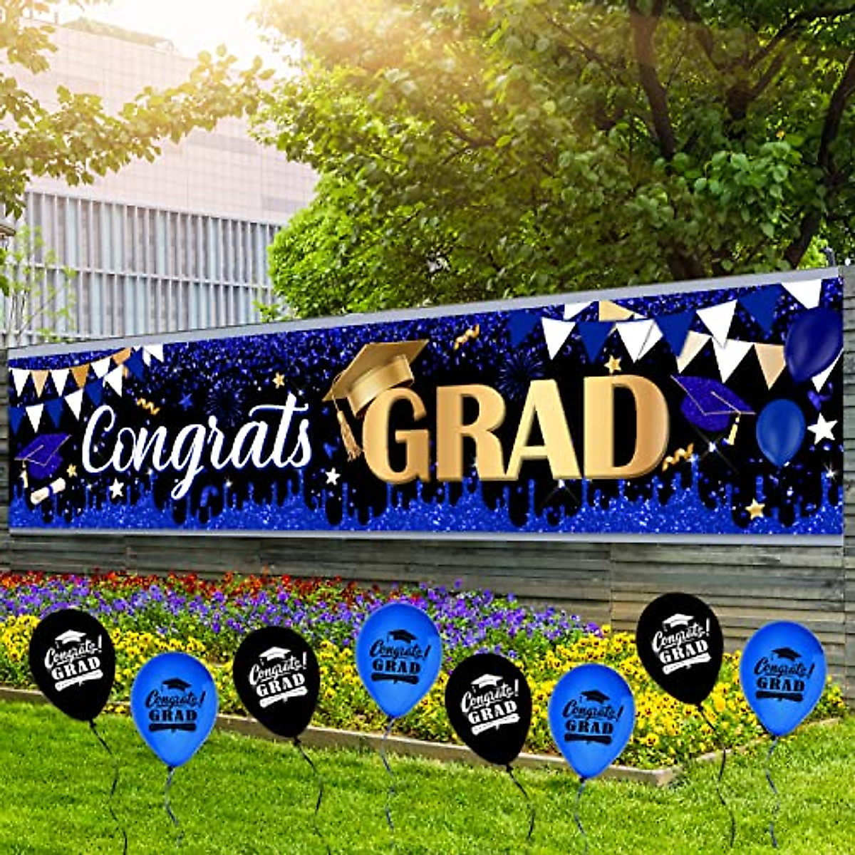 2023 Graduation Banner Decoration Set, Large Congrats Grad Banner with 8 Pieces Balloons Blue and Gold Class of 2023 Yard Sign for High School College Graduation Party Outdoor Hanging Decorations(blue)