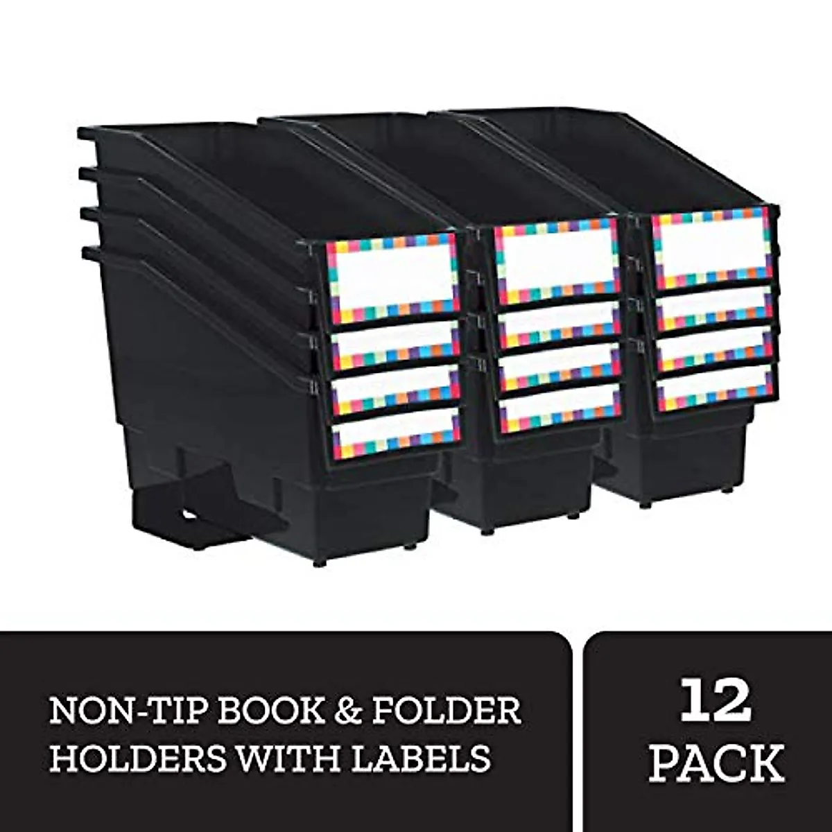 Really Good Stuff Non-Tip Book and Binder Holders, 5½” by 13½” by 7¾” (Set of 12, Black) Magazine, Folder Bins with Stabilizer Wings, Built-In Label Holder – Durable, Won’t Fall Over