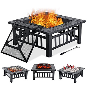 HCY 32" Fire Pit Table for Outside,Outdoor Fire Pit Square Wood Burning with Spark Screen Fire Poker for Camping,Backyard,Patio(Black)