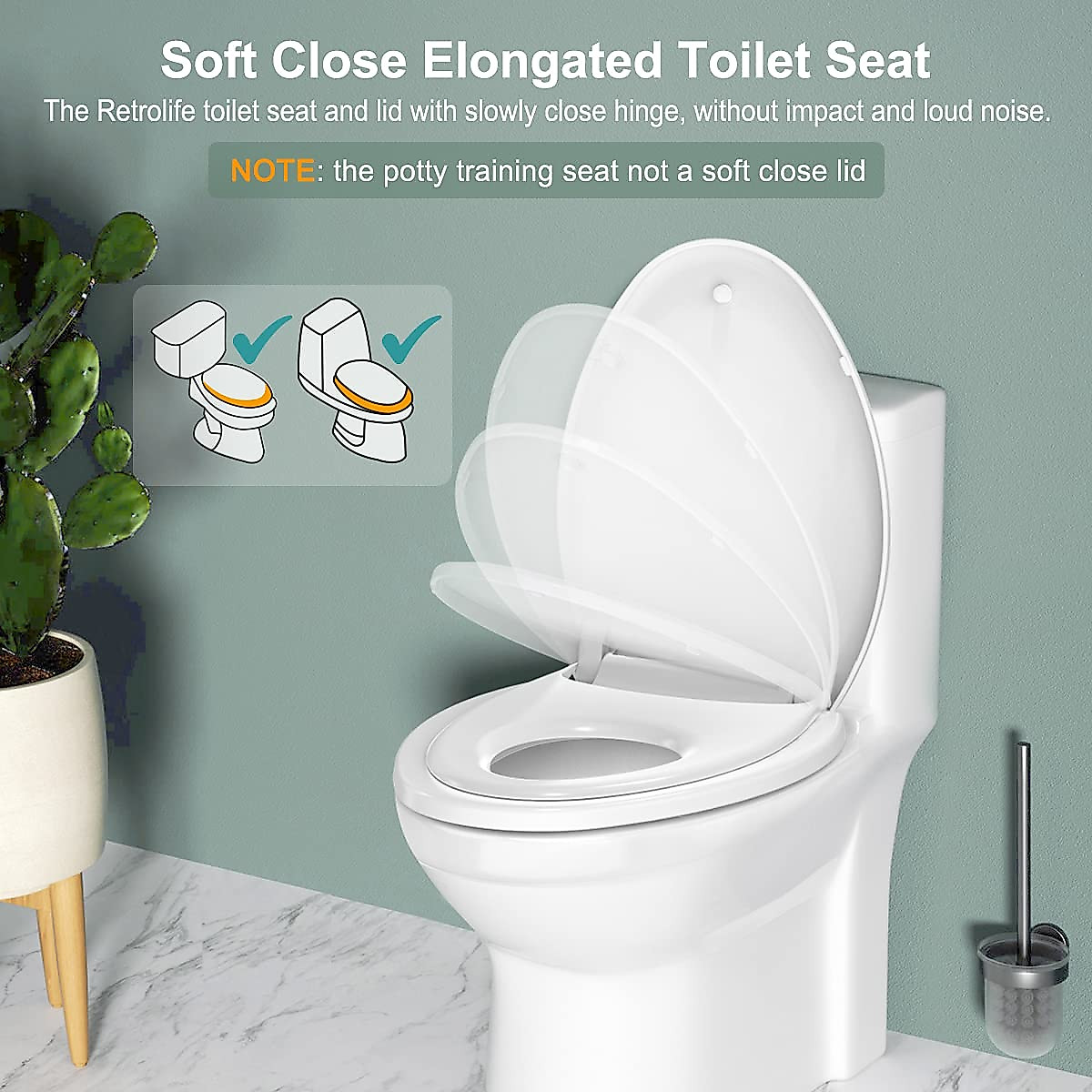 Toilet Seat with Built-In Potty Training Seat, Elongated Toilet Seat Cover with Soft Close Hinge Magnetic Kid Lid Non-Slip Seat Bumpers Toilet Lid for Elongated or Oval Toilets Fits Adult and Child