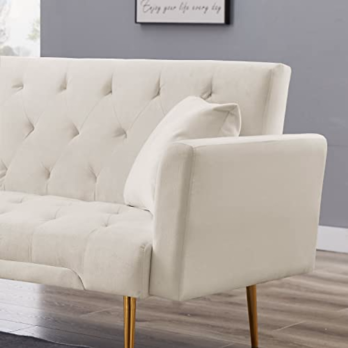 FANYE Tufted Daybed,Modern Convertible Futon & Sofabed,Soft Velvet Upholstered Metal Legs Loveseat Sofa Convenient Nap Sleeper Couch Bed for Home Office Apartment Living Room Furniture Sets, Beige