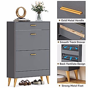 Tribesigns Shoe Cabinet, Modern Shoe Storage Cabinet with 2 Flip Doors and Drawer, Grey Narrow Shoe Organizer Rack for Entryway, Closet (Gray)