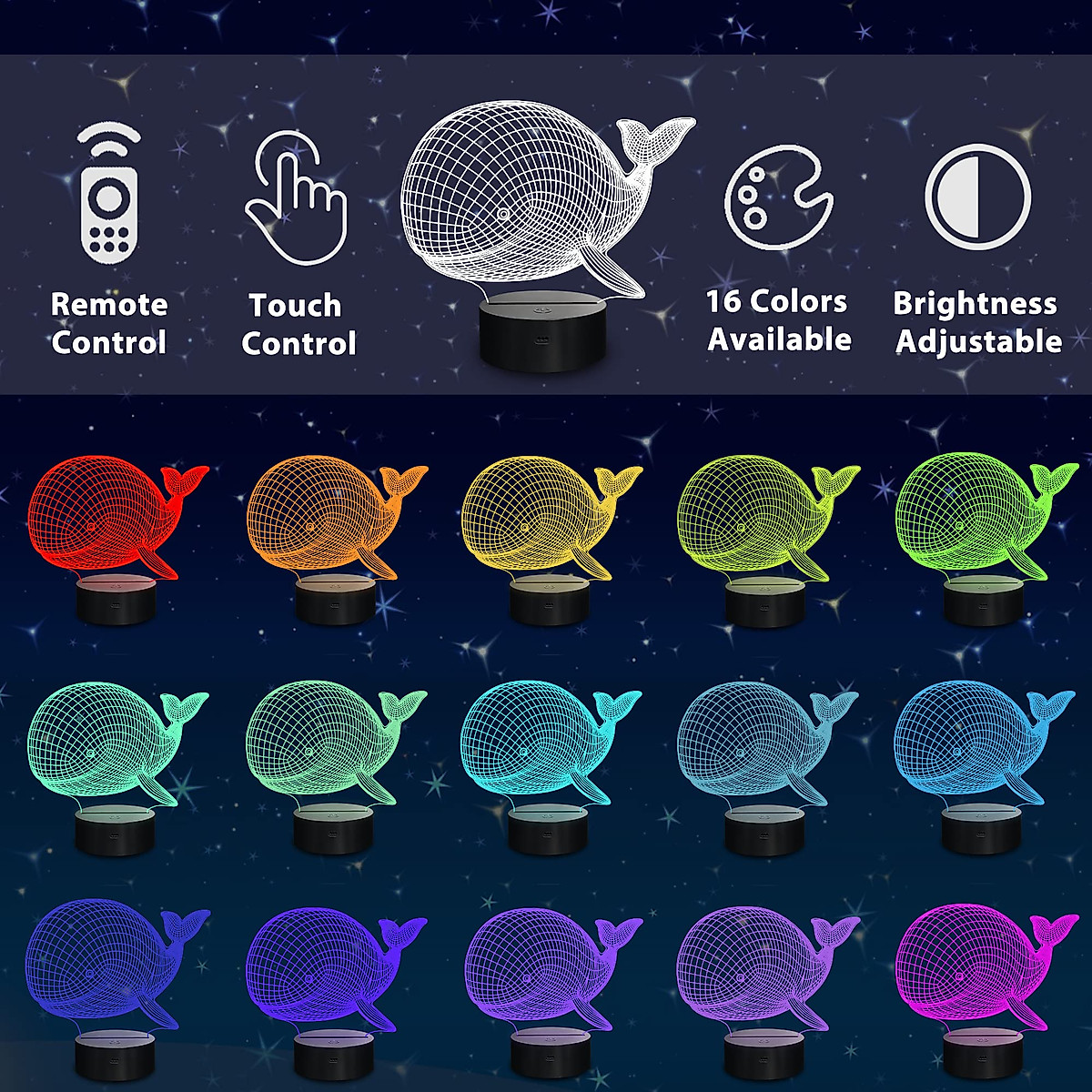 Lampeez Ocean Sea Animals 3D Lamp Kits,Dolphin, Marlin,Shark,Whale 3D Night Light for Kids (4 Patterns) with Remote Control & 16 Colors Changing & Dimmable Function & Xmas Birthday Gifts for Boy Girl