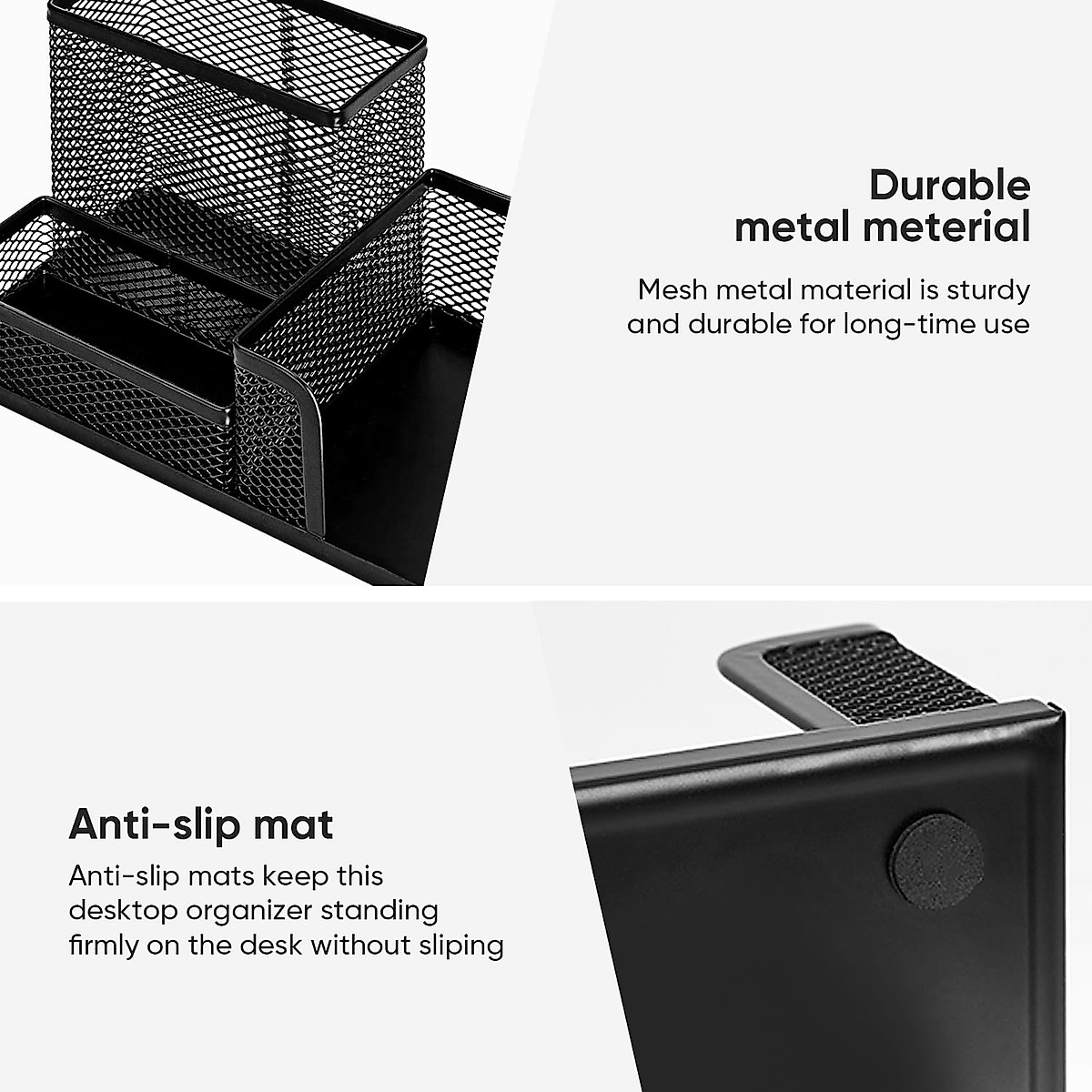 deli Mesh Desk Organizer Office Supplies Caddy with Pencil Holder and Storage Baskets for Desktop Accessories, 3 Compartments, Black