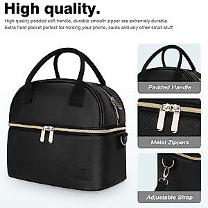 BALORAY Lunch Bag for Women Men, Double Deck Lunch Box for Adults, PU Leather Lunch Tote Bag Insulated Lunch Bags with Strap for Work Office Picnic (Solid Black)