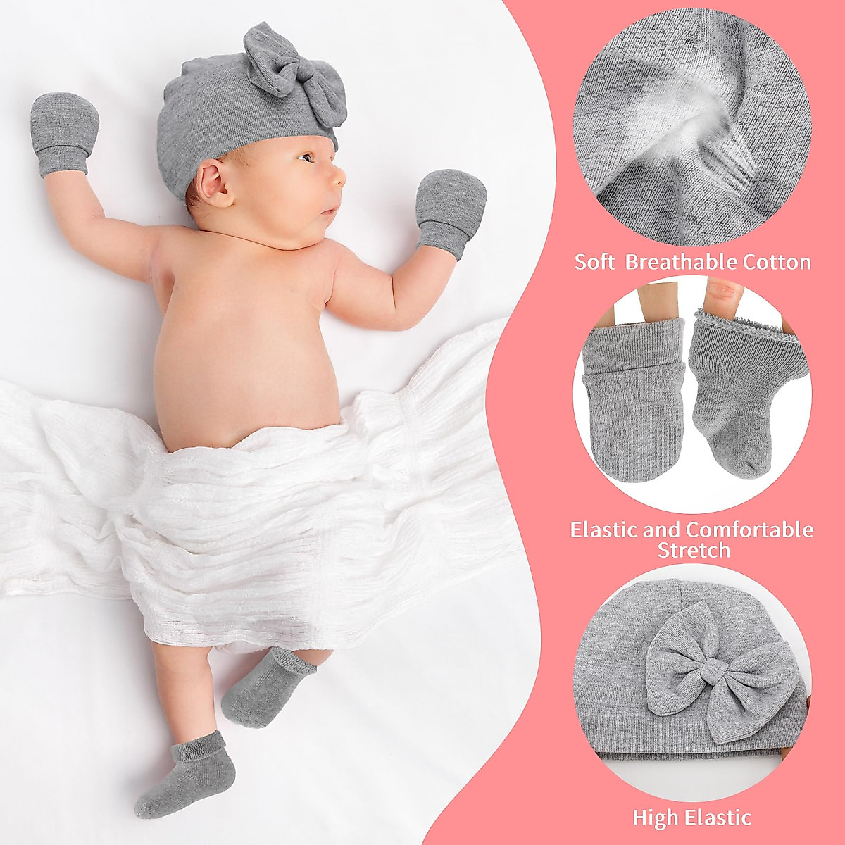 Toulite 4 Pack Preemie Hats and Socks Set Cotton Warm Bow Knot Preemie Caps,Mittens and No Scratch Preemie Warm Socks (Pink,white,purple,gray)