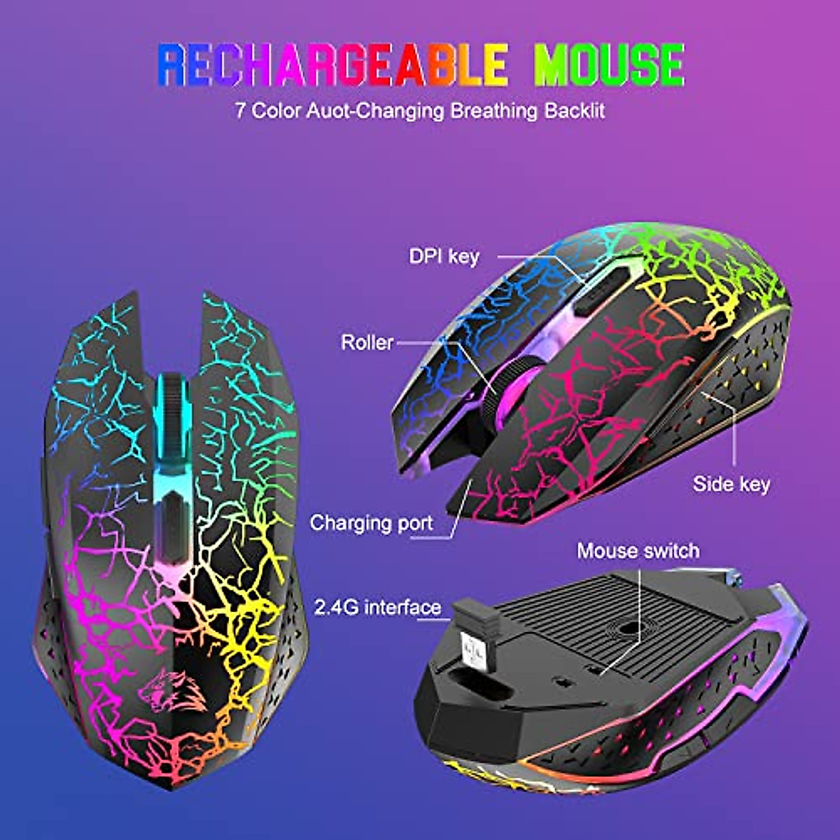 Wireless Gaming Keyboard and Mouse Combo,12 RGB Backlit with Rotary Knob,Long-Lasting Rechargeable Battery 4000mAh,N-Key Rollover,Quick and Quiet Typing Keyboard and Mouse for PC PS4 PS5(Black)