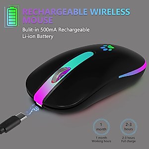FUWANG Wireless Mouse, Rechargeable LED Wireless Bluetooth Mouse,Portable USB Optical 2.4G Wireless Bluetooth Two Mode Computer Mice with USB & Type-c Receiver(Black)