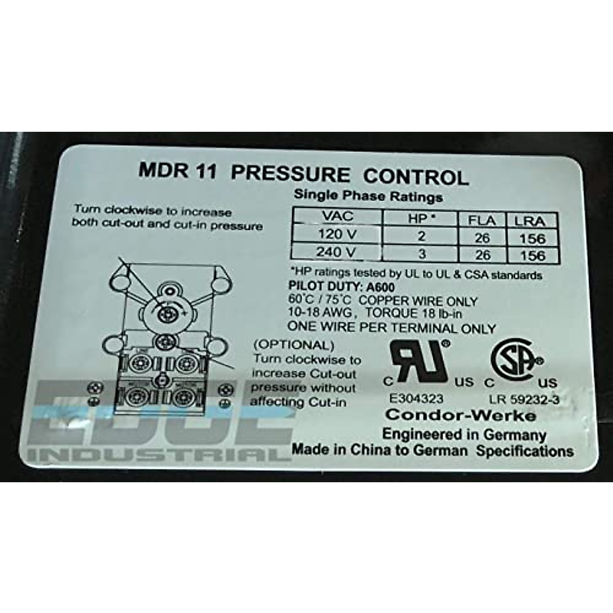 HEAVY DUTY CONDOR USA PRESSURE SWITCH, 26AMP, 11GA2E, 100/125 PSI,1/4" FNPT,DPST, SINGLE PORT