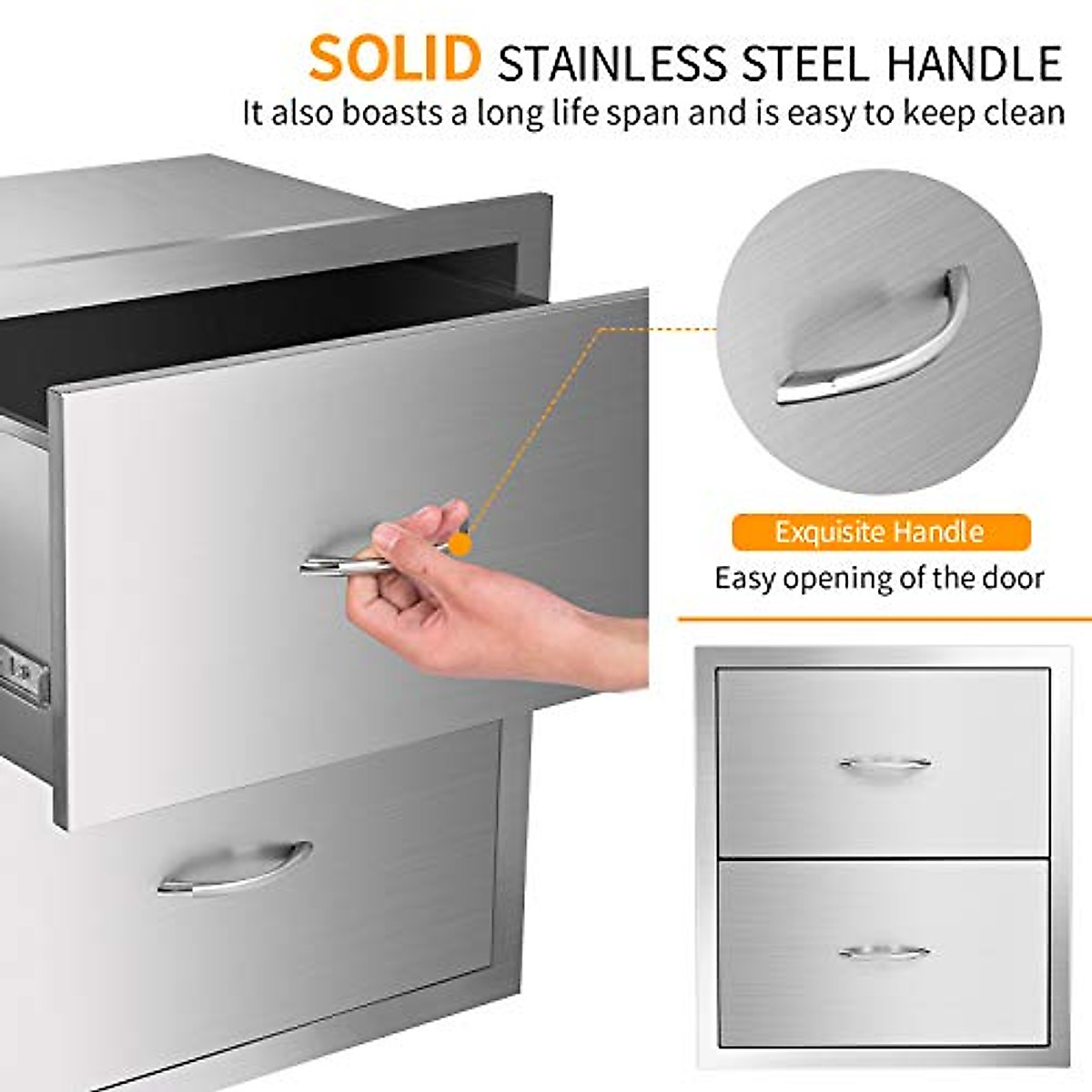 Outdoor Barbecue Drawers, Stainless Steel Kitchen Drawers with Handles, 2-Layer Design, Built-in Storage cabinets for Restaurant or Home use,BBQ Island,Terrace Barbecue Station (18W x 20.6H x 12.7D)