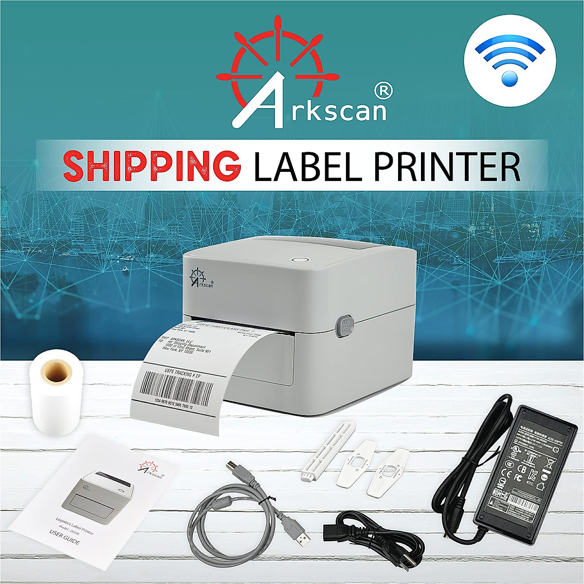 Arkscan 2054K-WF Wireless Shipping Label Printer for Windows Mac Chromebook Android for WiFi & USB, Support Amazon Ebay Paypal Shopify Shipstation UPS USPS FedEx Roll & Fanfold Direct Thermal Label