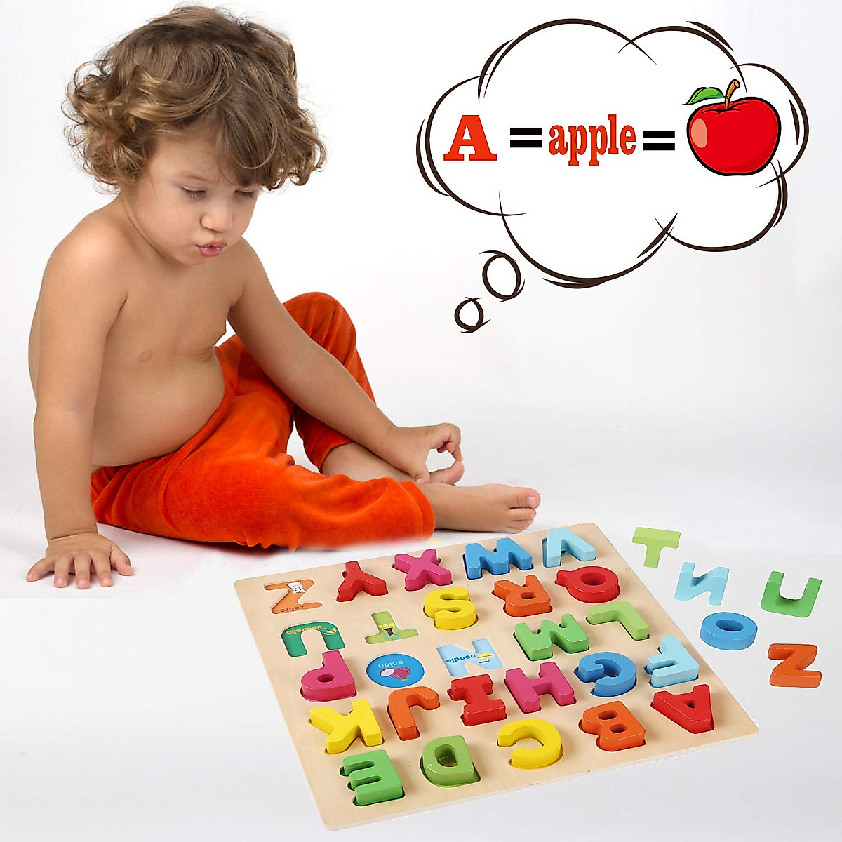 Wondertoys Wooden Alphabet Puzzle for Toddlers Chunky Lowercase & Uppercase Letters ABC Puzzles Board for Preschools Boys and Girls