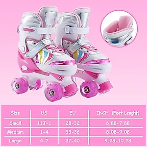 Kids Roller Skates Adjustable for Girls Boys Toddlers Youth, Pink 4 Size Adjustable Light Up Roller Skates for Size 11J todders to Size 7 Youth Women